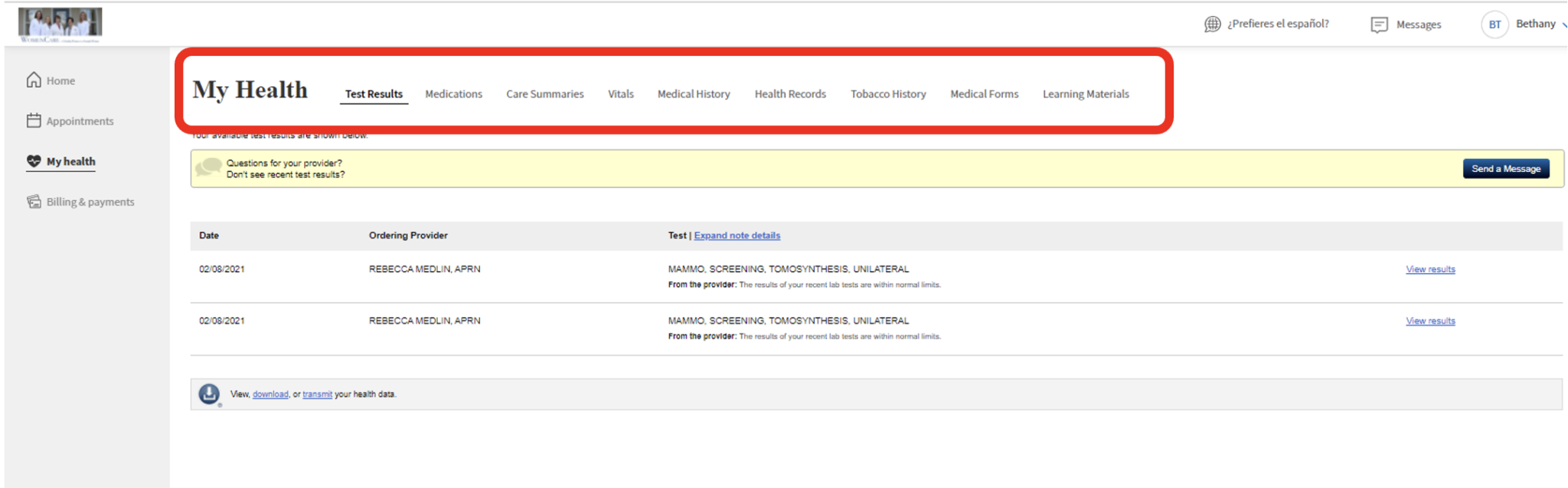 Results Portal - WomenCare of Baldwin Park